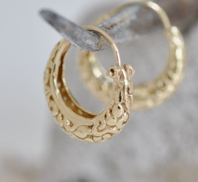 14K Gold Hoop Filigree Earrings, Gypsy Casual Women Large Handmade ...