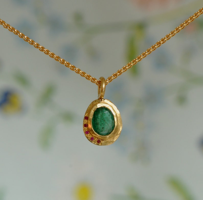 Green Emerald and Ruby Pendant, 18k Gold Emerald Necklace, Ruby and ...