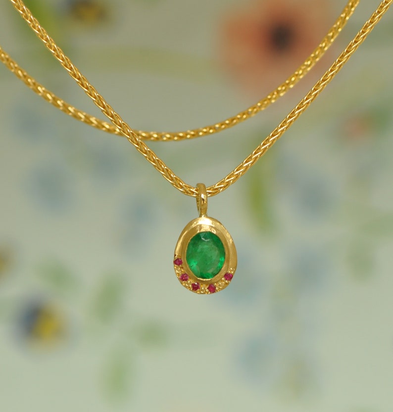 Green Emerald and Ruby Pendant, 18k Gold Emerald Necklace, Ruby and ...