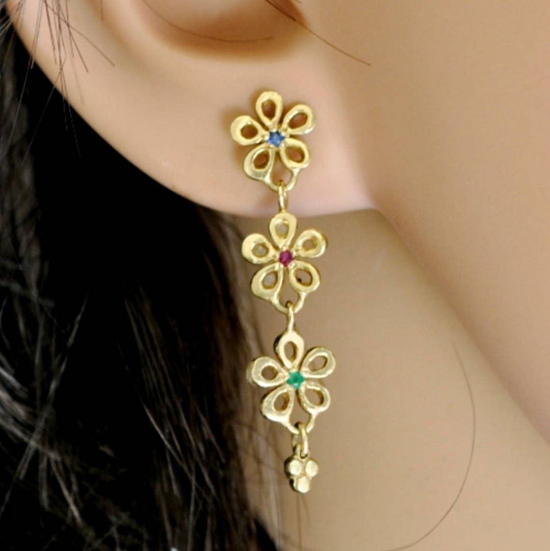 Solid Gold Earrings , 14k Gold , 3 Flowers , Gold Flowers Earrings ...