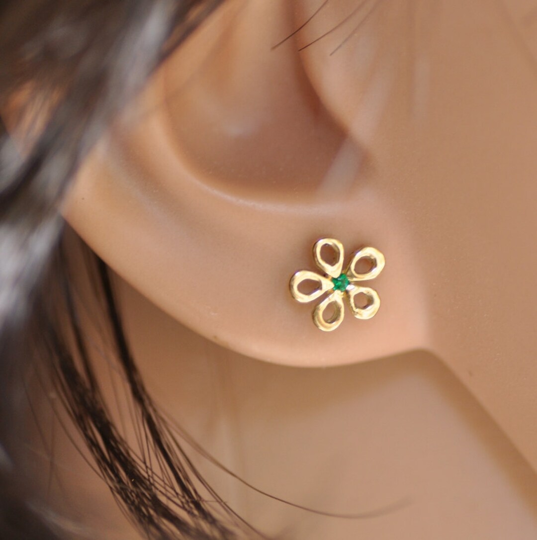 14k Gold Stud Earrings, Small Gold Earrings, Gold Flower Earrings, Gift ...