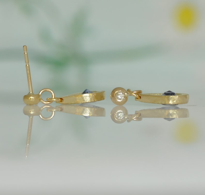 18K Gold Sapphire Drop Earrings With Diamond Stud, Two-part Blue ...