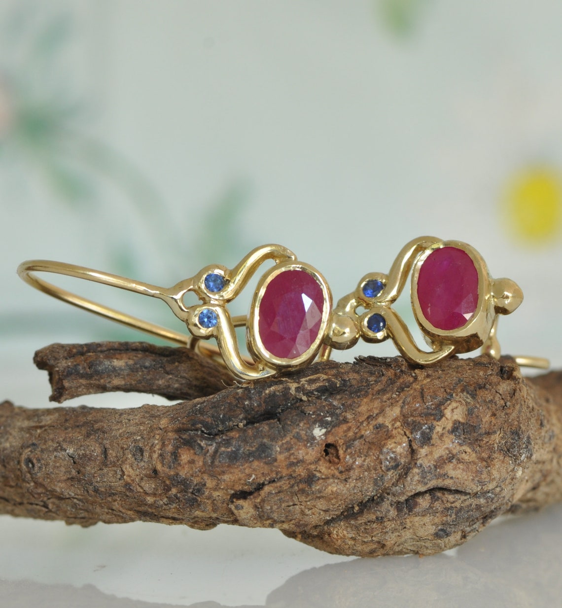 Ruby Earring Ruby and Sapphire Gold Earring Drop Dangle Gold | Etsy
