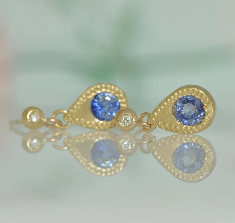 18K Gold Sapphire Drop Earrings With Diamond Stud, Two-part Blue ...