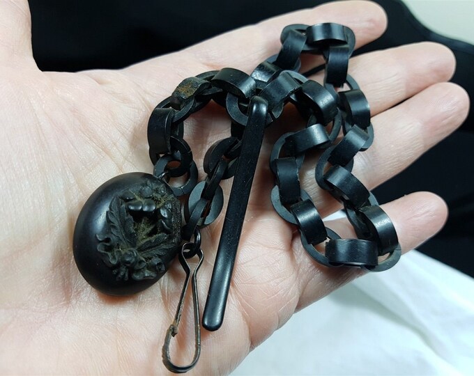 Antique Whitby Jet or Vulcanite Pocket Watch Fob or Chatelaine Chain ...