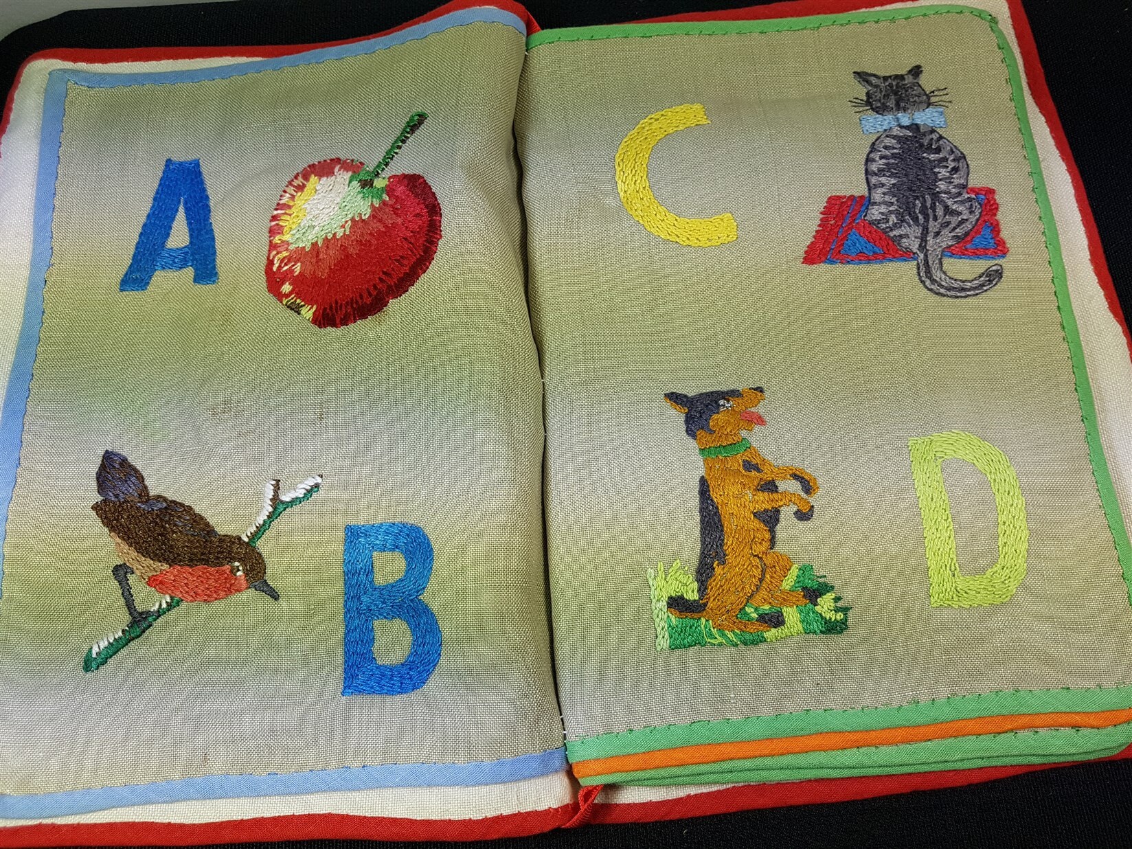 Antique hand embroidered cloth baby alphabet ABC book numbers animals ...