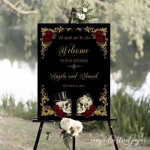 Halloween Gothic Wedding Welcome Sign, Goth Skulls and Vintage Burgundy ...