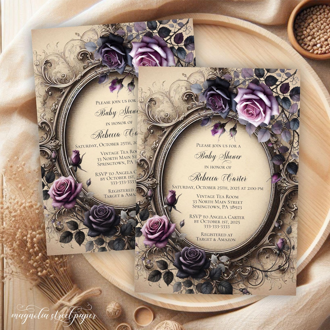 Dark Fantasy Goth Baby Shower Invitation, Elegant Vintage Purple and ...