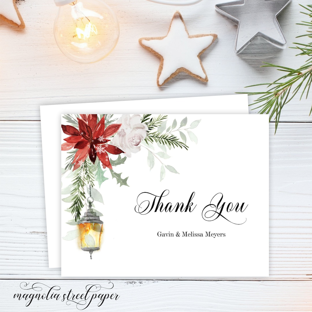 Winter Wedding Thank You Card, Poinsettia, Pine and Holly Christmas ...