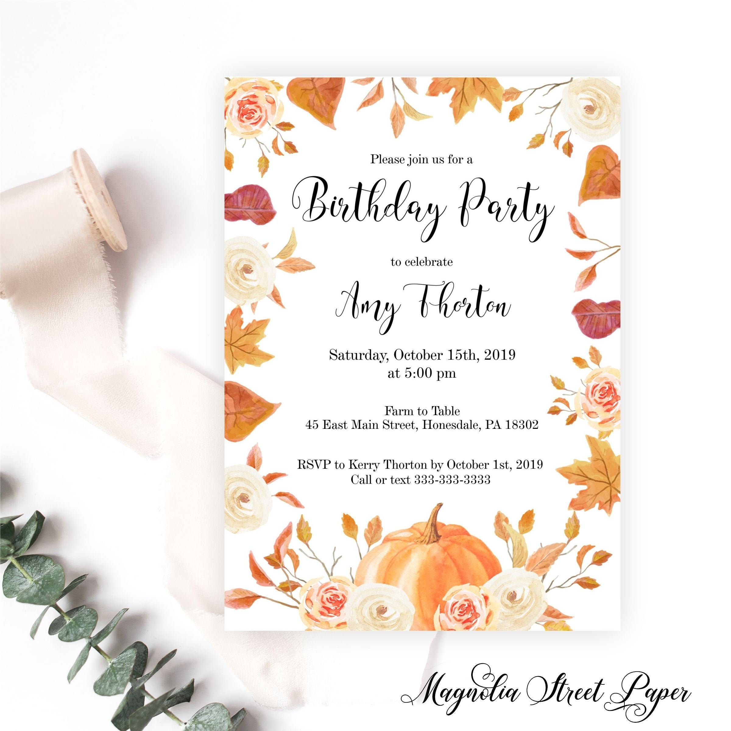 Falling Leaves and Pumpkin Birthday Party Invitation, Adult or Child ...