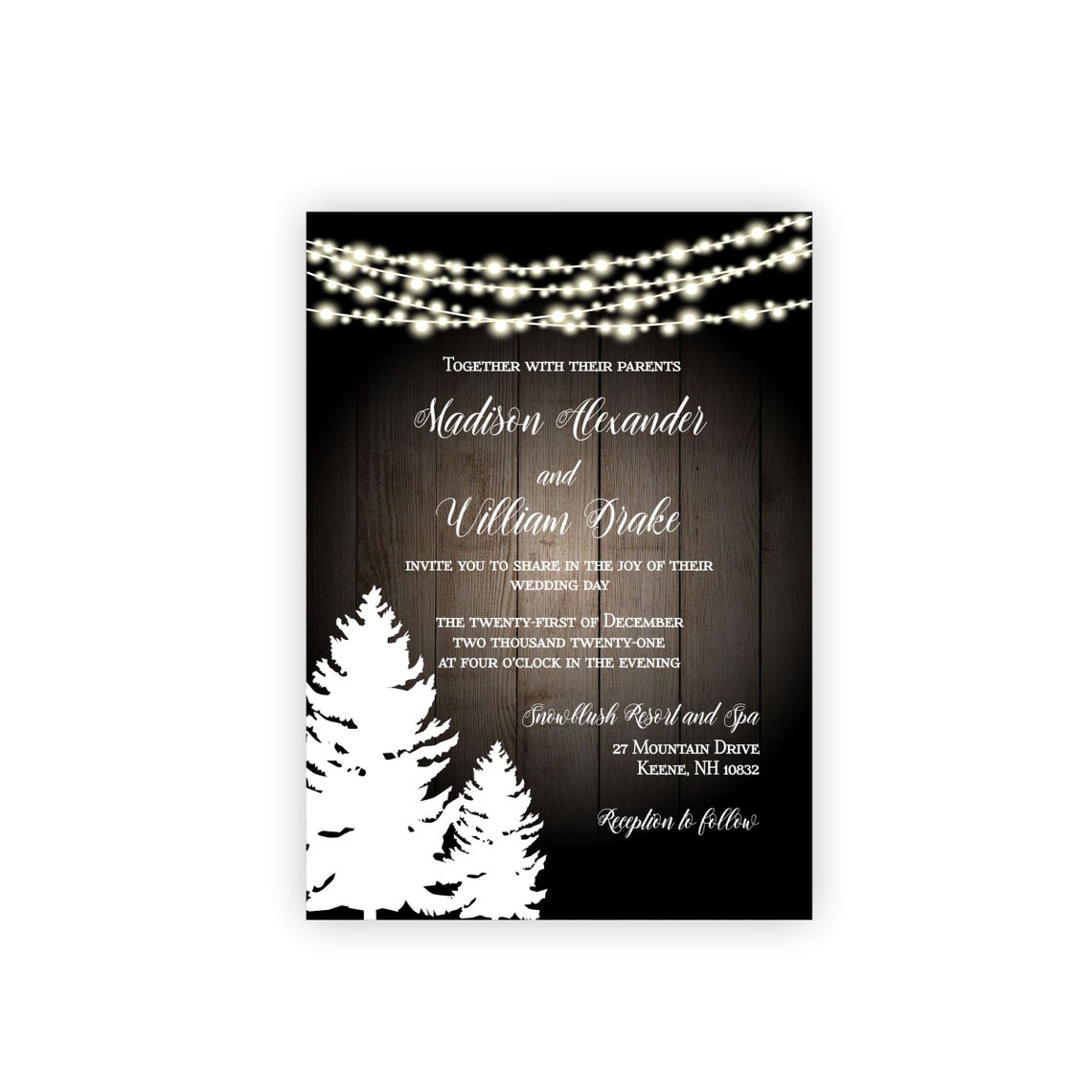 Winter Wedding Invitation Rustic Pine Tree and String of | Etsy