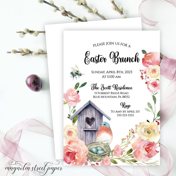 Bluebird Easter Brunch Invitation, Pink Flowers and Birdhouse Easter ...