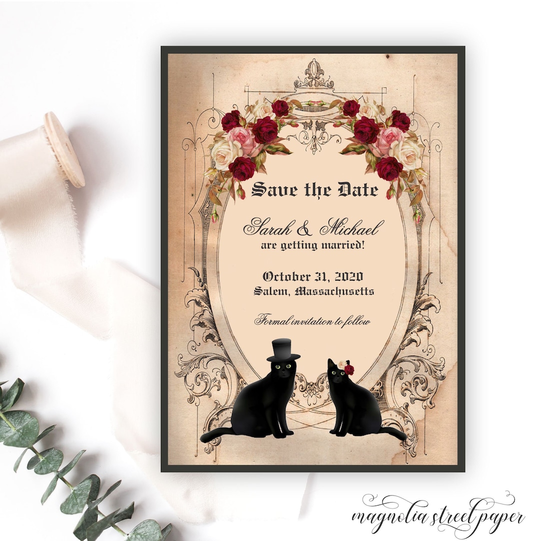 Halloween Cat Save the Date, Vintage Black Cat October Wedding ...