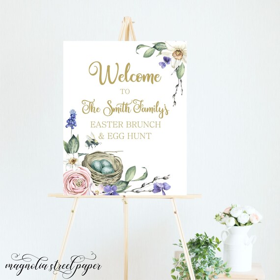 Easter Welcome Sign, Family Brunch and Egg Hunt Signage, Watercolor ...
