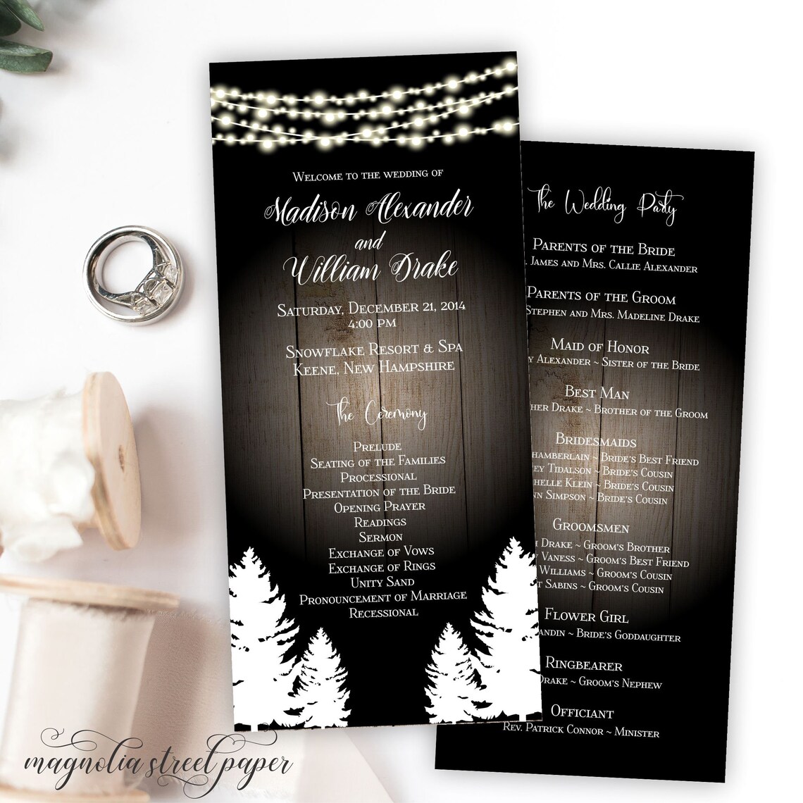 Rustic Winter Wedding Program Pine Trees and Fairy Lights | Etsy