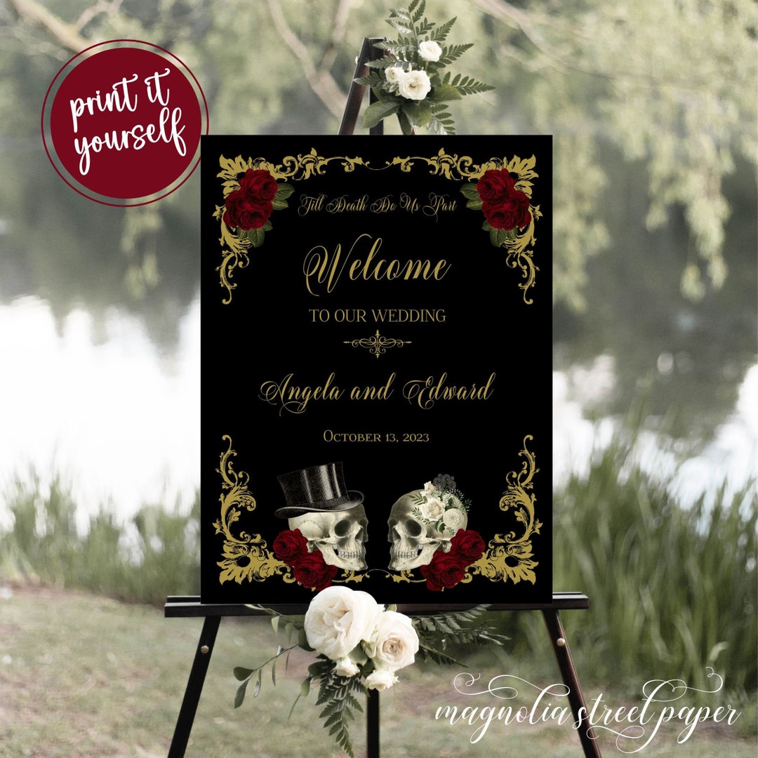 Halloween Gothic Wedding Welcome Sign, Goth Skulls and Vintage Burgundy ...