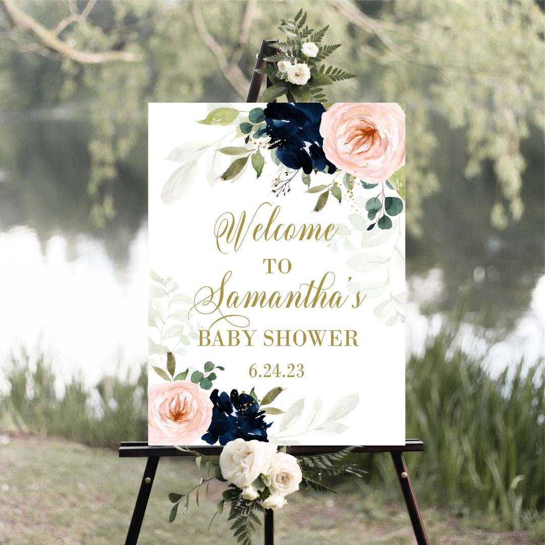 Navy and Blush Floral Baby Shower Welcome Sign, Watercolor Pink and ...