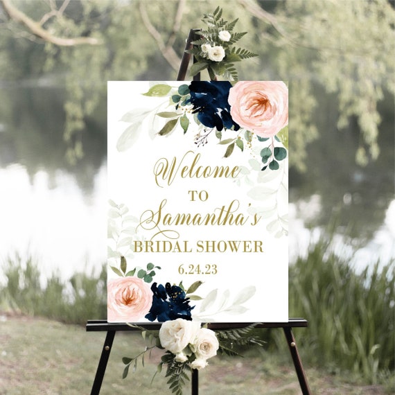 Navy and Blush Floral Bridal Shower Welcome Sign, Watercolor Pink and ...