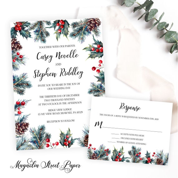 Pine and Holly Wedding Invitation, Winter or Christmas Wedding Invite ...