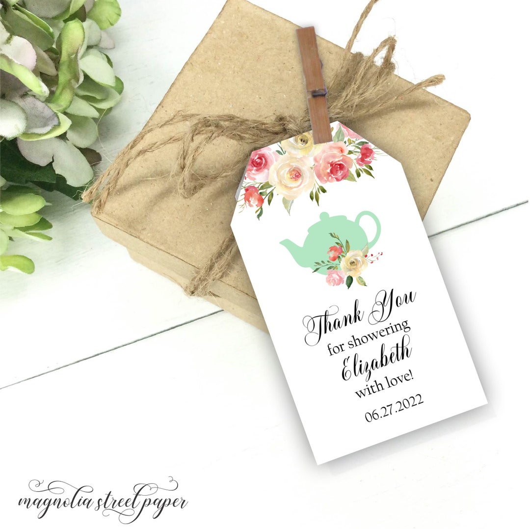 Bridal Tea Favor Tags, Blush Floral and Mint Teapot Thank You Tags ...