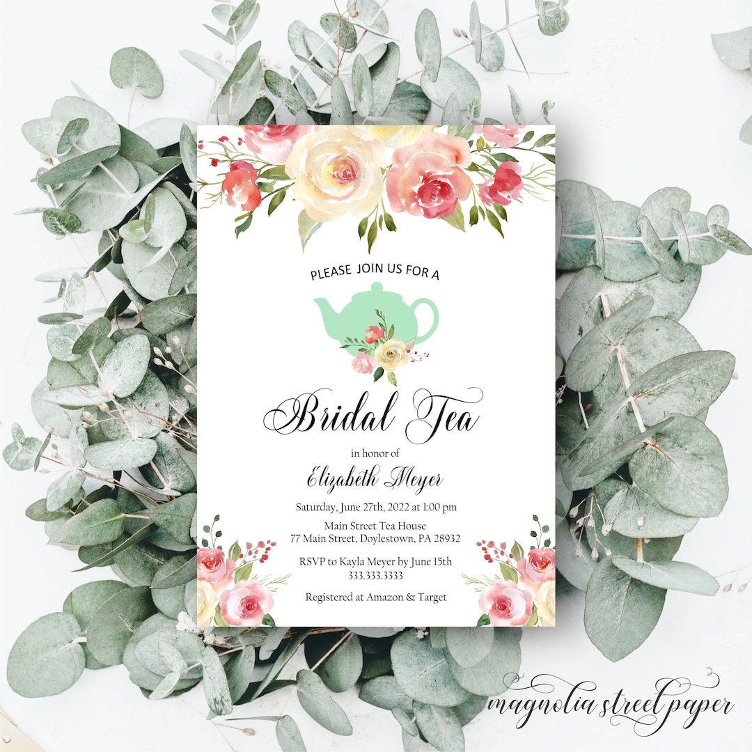 Bridal Tea Invitation, Blush Floral With Mint Teapot, Shabby Vintage ...