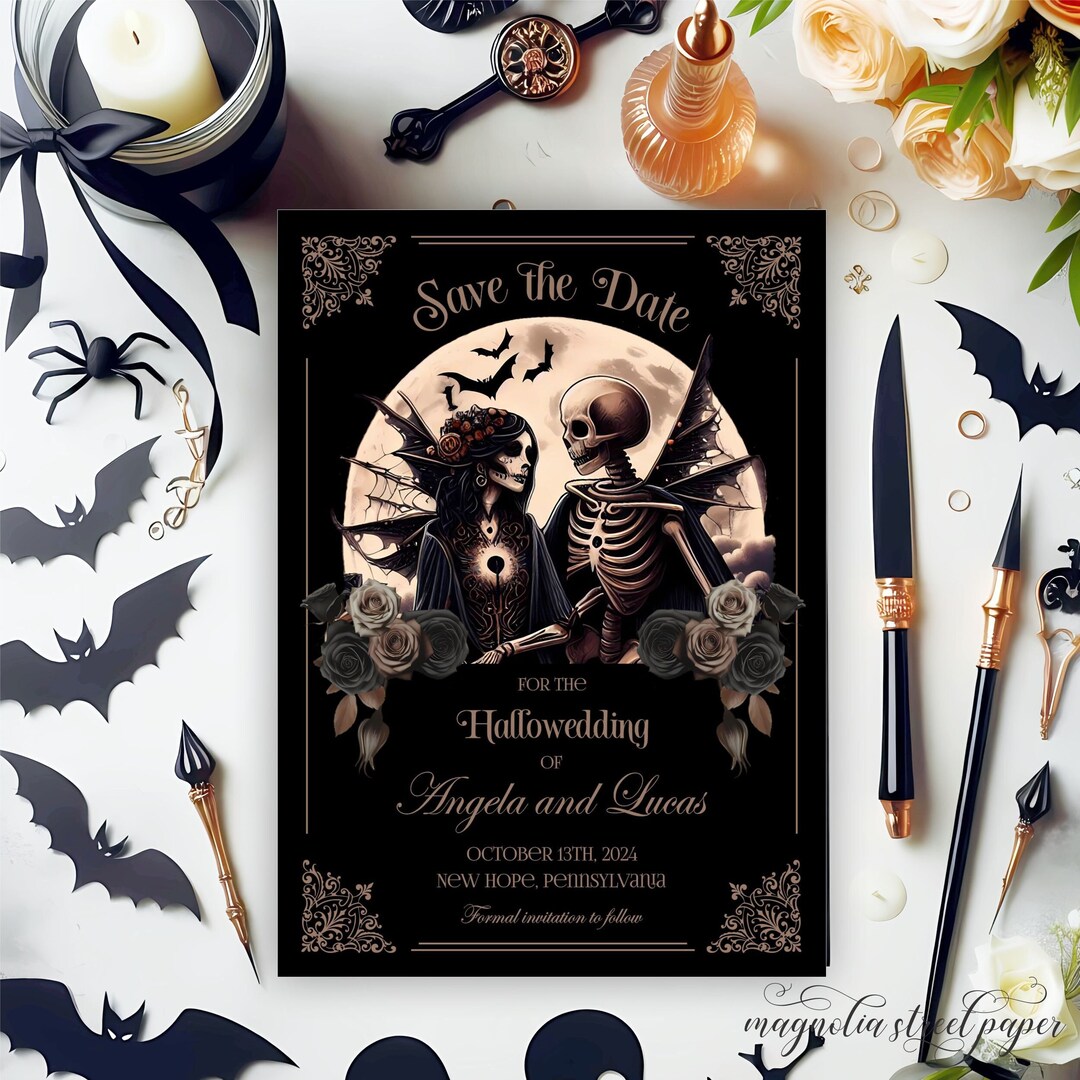 Halloween Goth Save the Date, Skeleton Couple Hallowedding Announcement ...