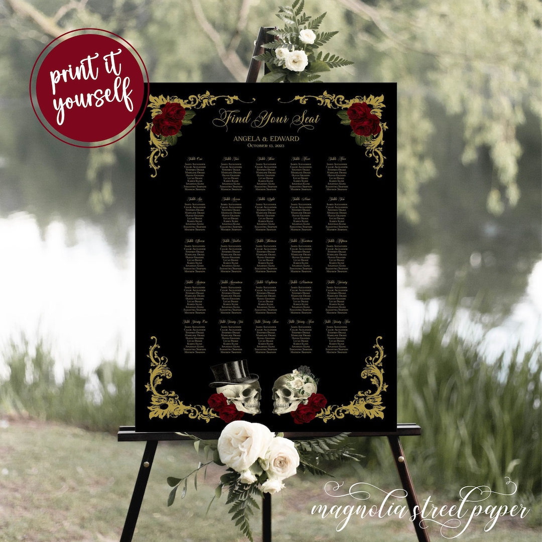 Halloween Goth Wedding Seating Chart Sign, Vintage Skulls and Burgundy ...