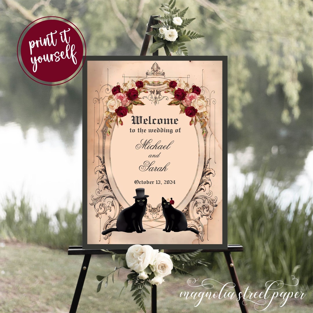 Halloween Black Cat Wedding Welcome Sign, Vintage Goth Reception Sign ...