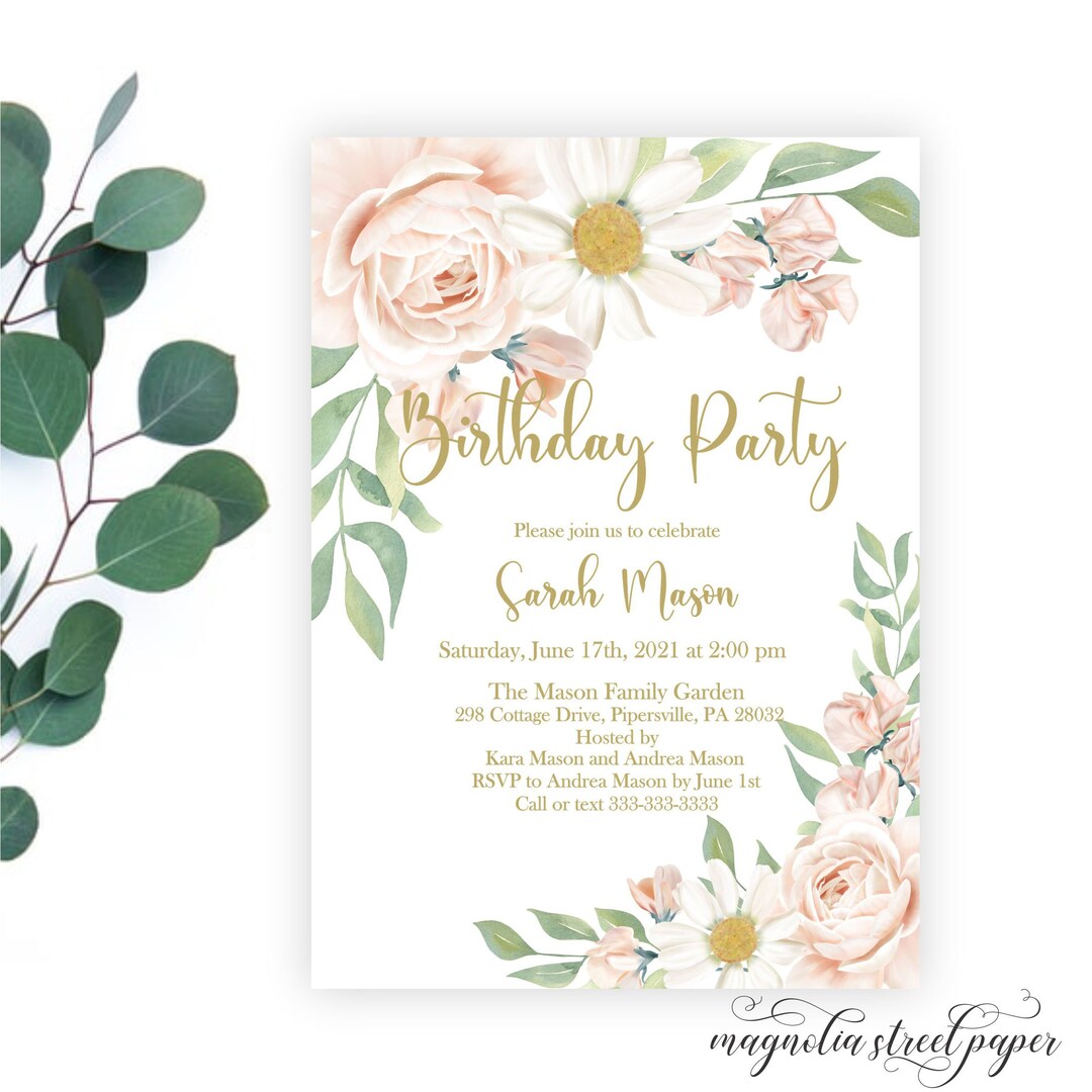 Blush Birthday Party Invitation Pink and Gold Spring Birthday - Etsy