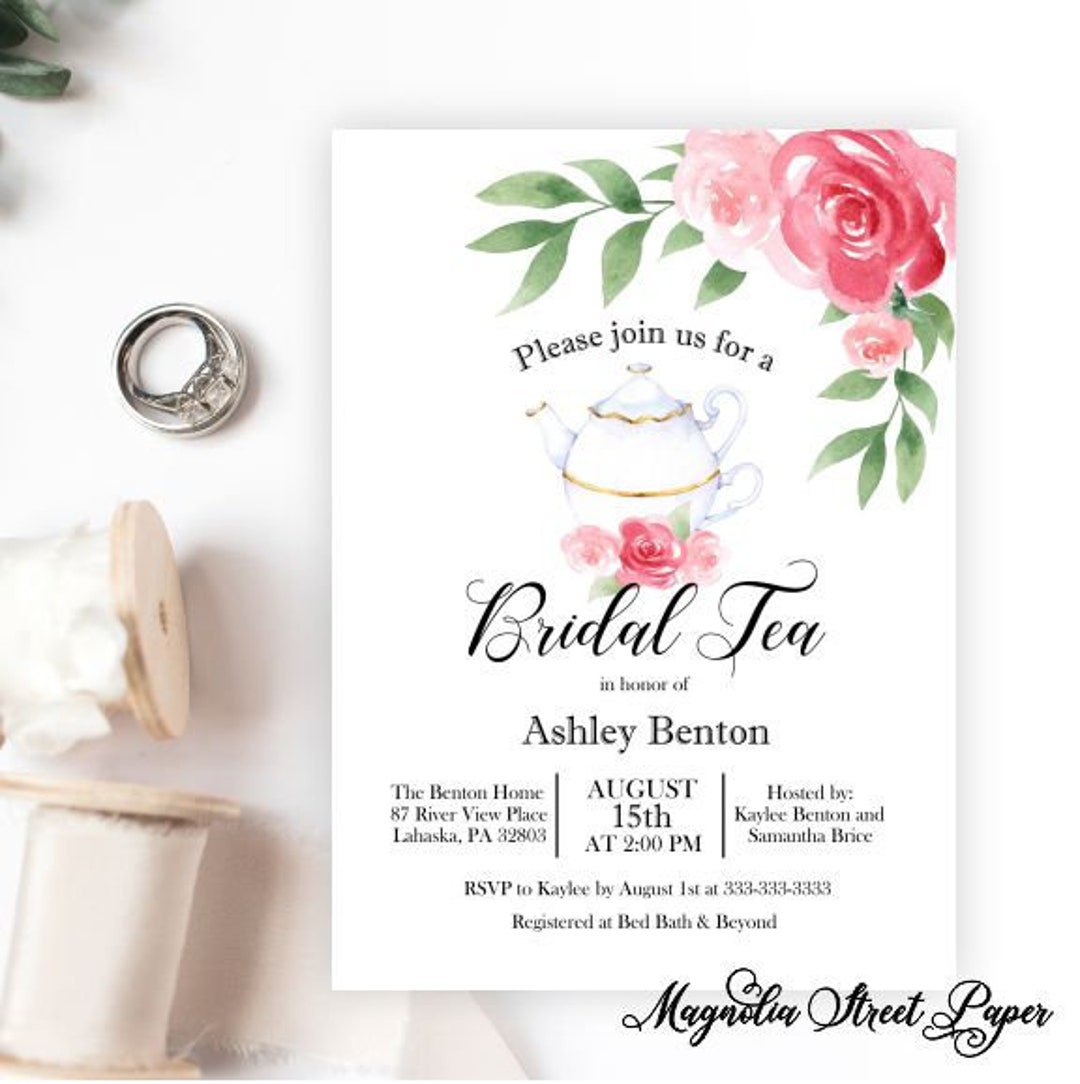 Pink Floral Bridal Tea Invitation, Blush Flowers and Tea Pot Wedding ...