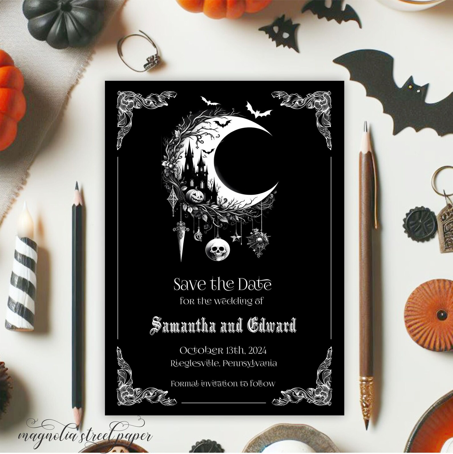 Gothic Halloween Save the Date, Crescent Moon and Haunted House Wedding ...