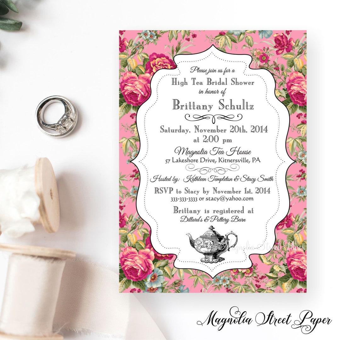 Pink Floral High Tea Bridal Shower Invitation, Vintage Shabby Kitchen ...