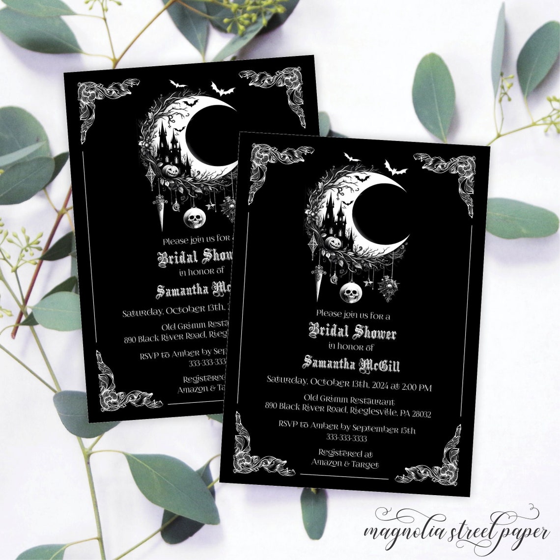 Crescent Moon Bridal Shower Invitation, Goth Halloween Vintage Style ...