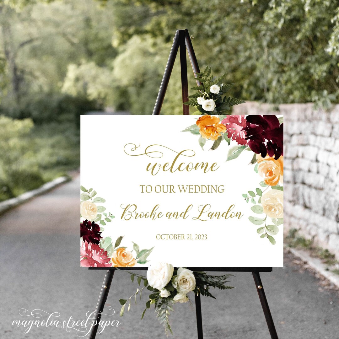 Fall Wedding Welcome Sign, Watercolor Orange, Burgundy and Pink Floral ...