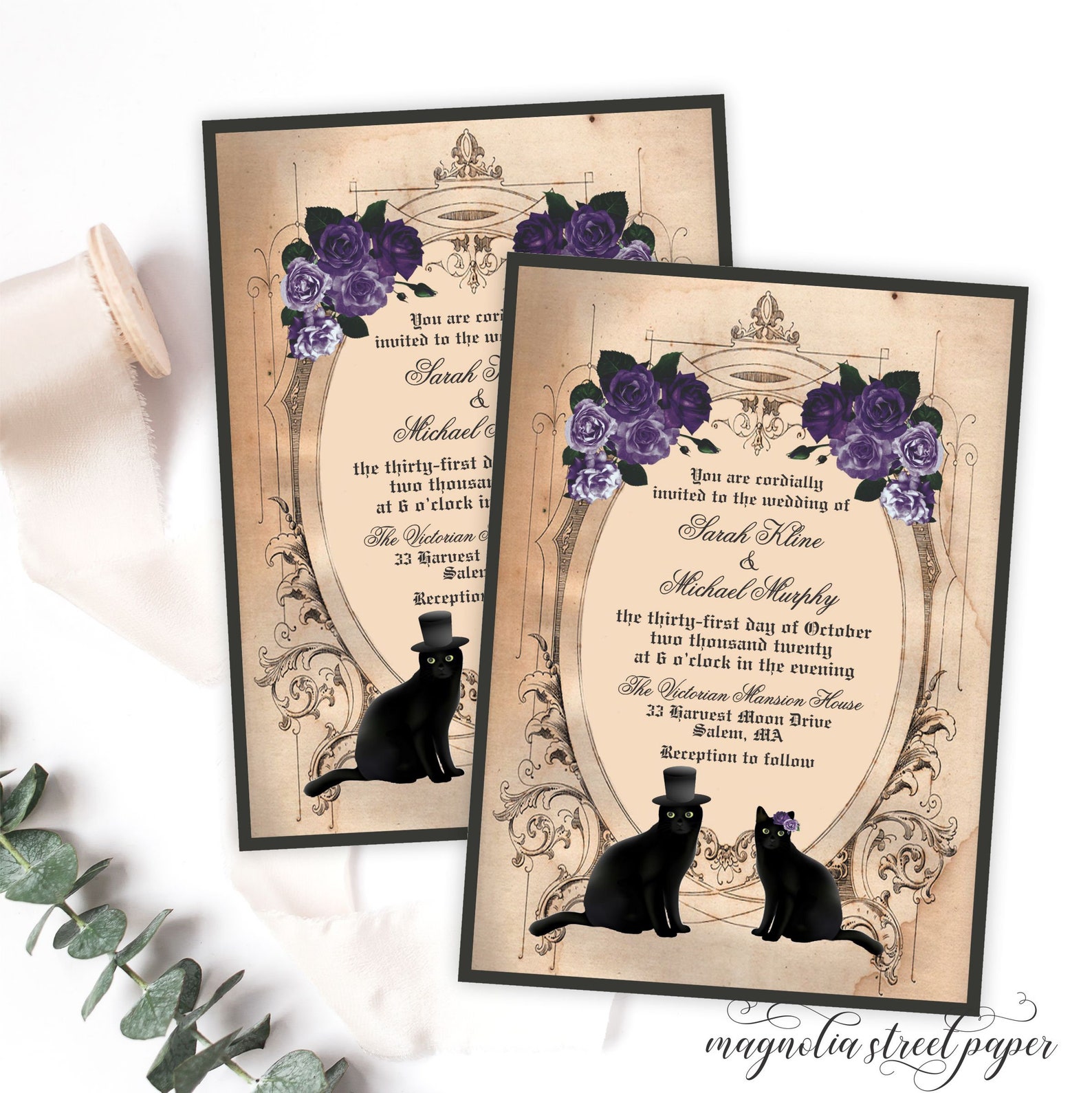 Black Cat Wedding Invitation, Vintage Halloween Cat Couple Wedding ...