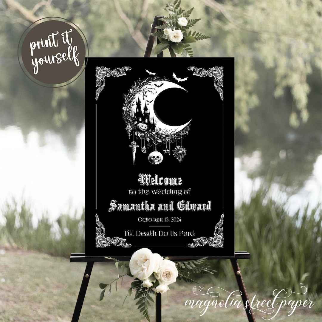 Halloween Gothic Wedding Welcome Sign, Vintage Goth Crescent Moon ...