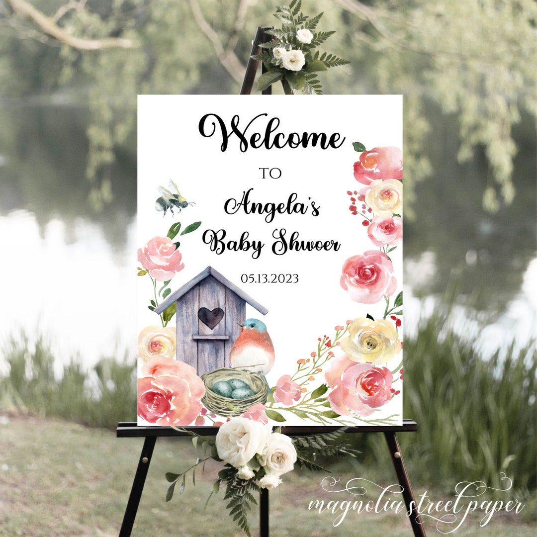 Pink Floral Baby Shower Welcome Sign, Bluebird Spring Baby Girl Sign ...