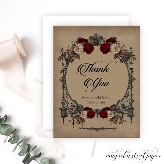 Vintage Gothic Thank You Cards, Printed Burgundy Floral Goth Wedding or ...