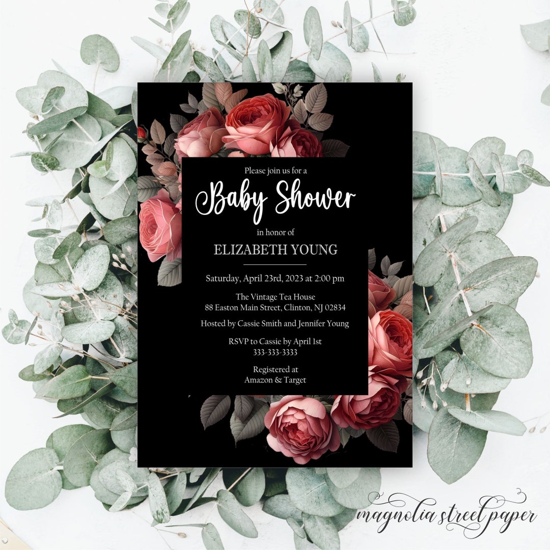 Elegant Red and Black Baby Shower Invitation, Red Roses Baby Girl ...