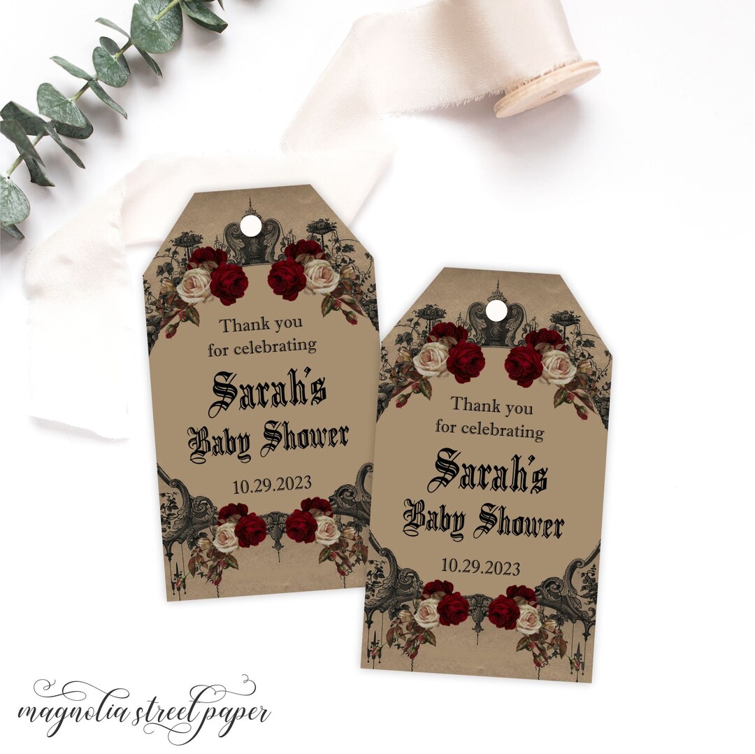 Elegant Goth Baby Shower Favor Tags, Burgundy Flowers, Vintage Style ...