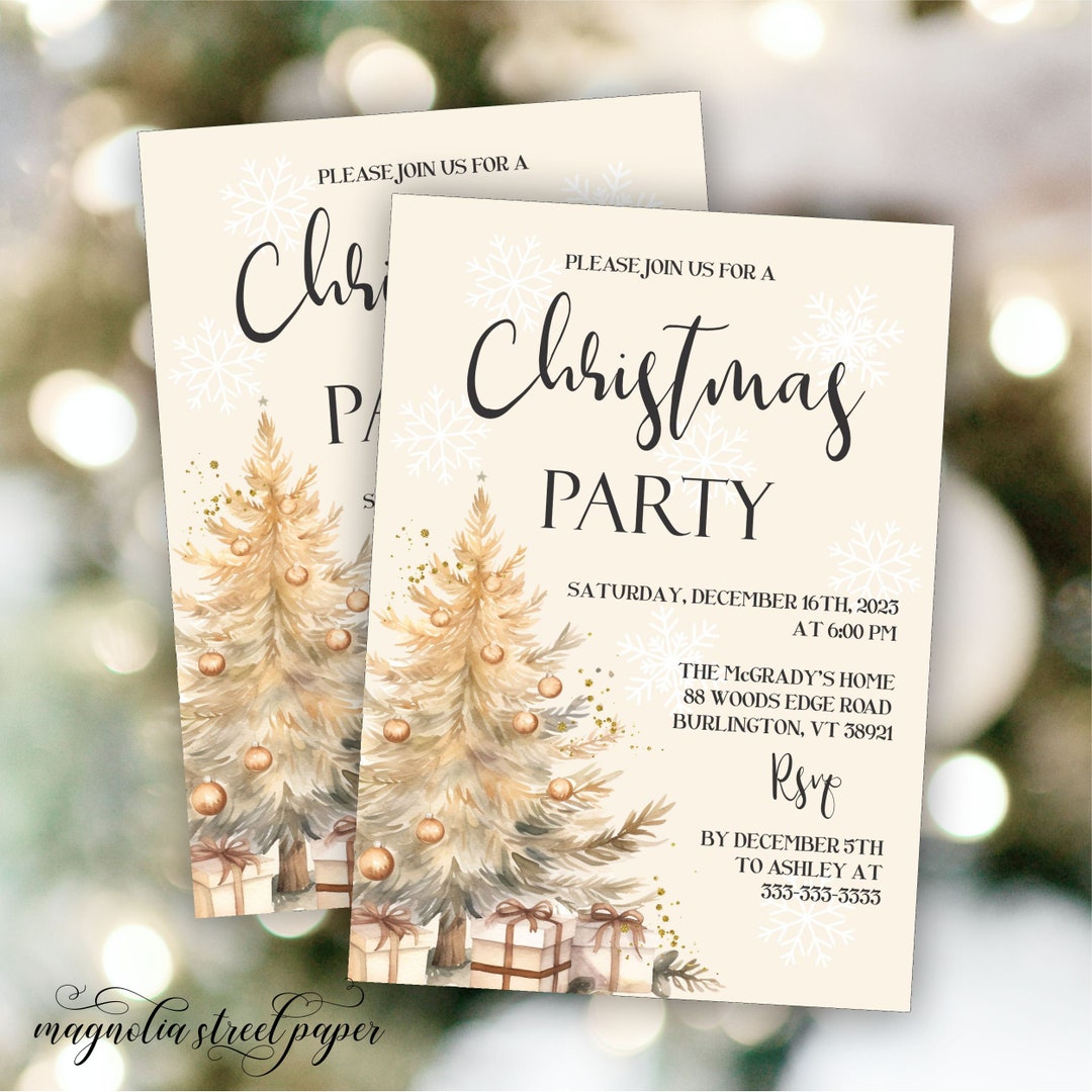 Christmas Party Invitation, Neutral Colors Holiday Invite, Elegant Tree ...