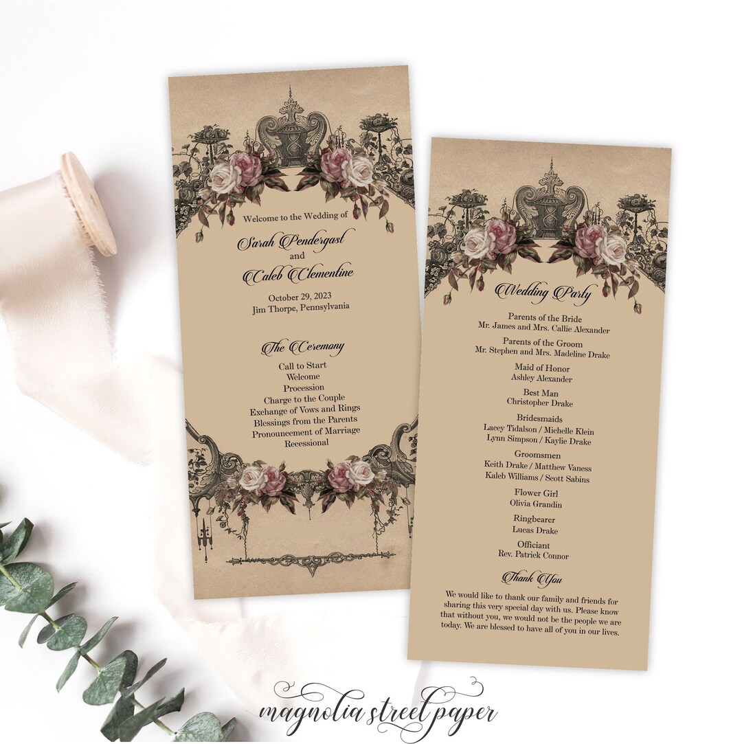 Goth Wedding Program, Vintage Victorian Order of Service, Blush Floral ...