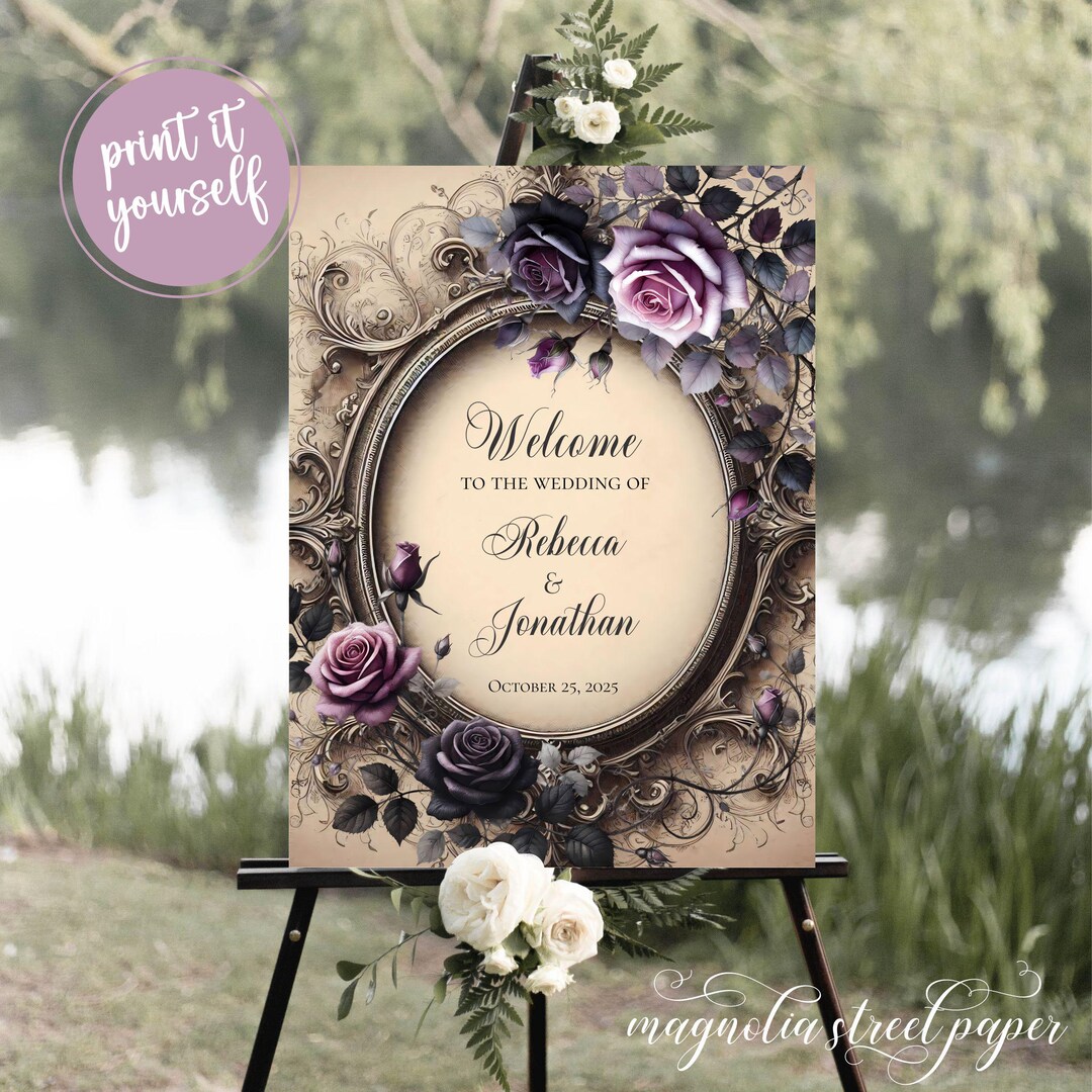 Dark Fairytale Goth Wedding Welcome Sign, Elegant Moody Vintage Purple ...