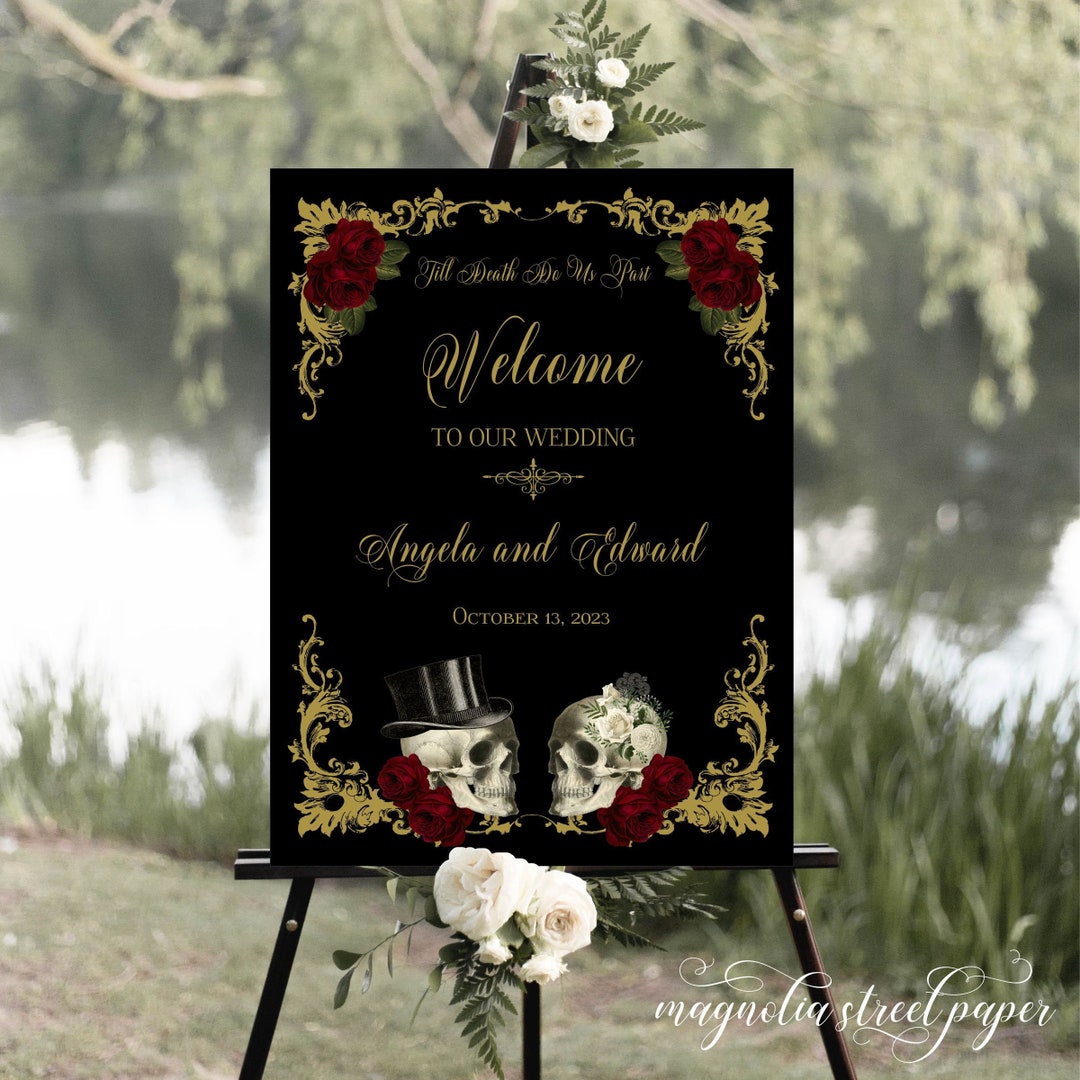 Halloween Gothic Wedding Welcome Sign, Goth Skulls and Vintage Burgundy ...