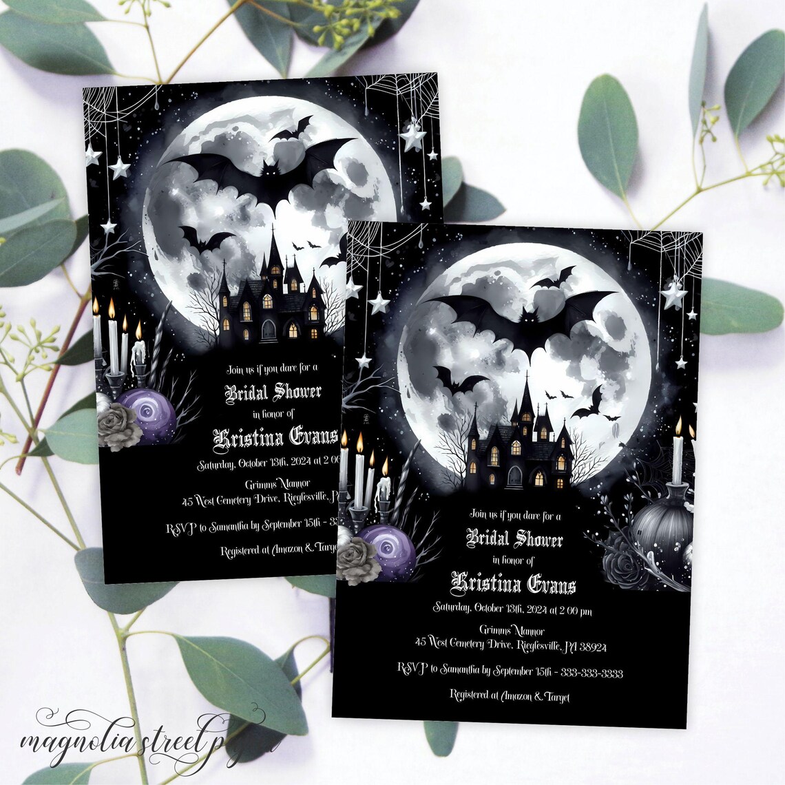 Haunted House and Full Moon Bridal Shower Invitation, Goth Halloween ...