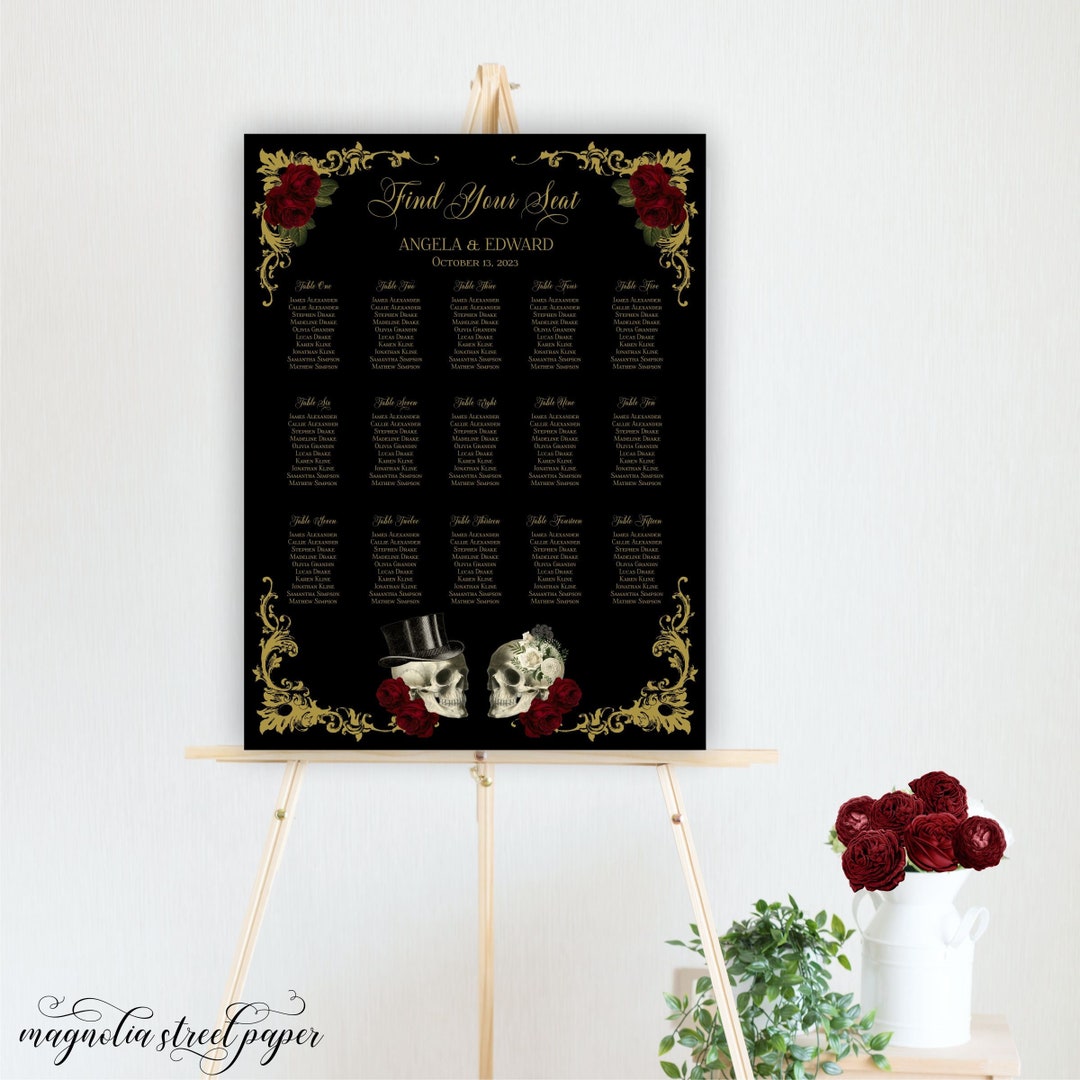 Halloween Goth Wedding Seating Chart Sign, Vintage Skulls and Burgundy ...