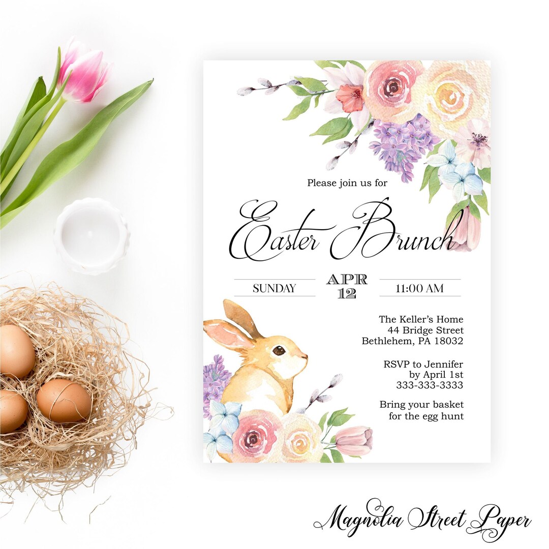 Floral Easter Brunch Invitation, Spring Flowers and Bunny Easter Dinner ...