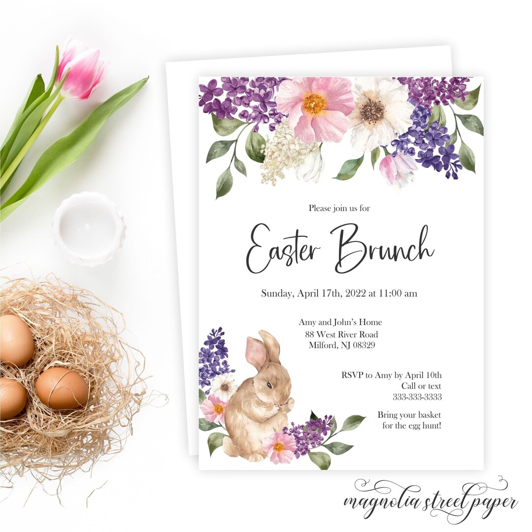 Easter Brunch Invitation, Bunny and Flowers Easter Dinner Invite ...
