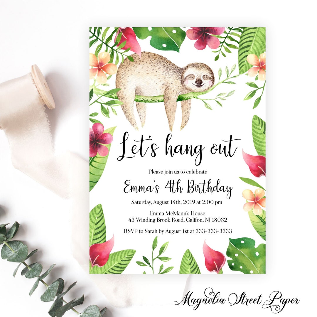 Cute Sloth Birthday Invitation, Tropical Boy or Girl Birthday Party ...