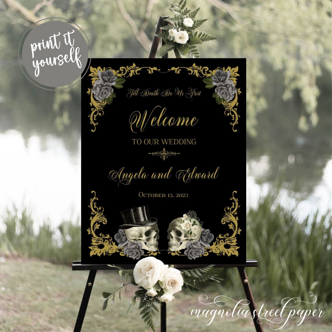 Halloween Gothic Bridal Shower Welcome Sign, Goth Skulls and Vintage ...